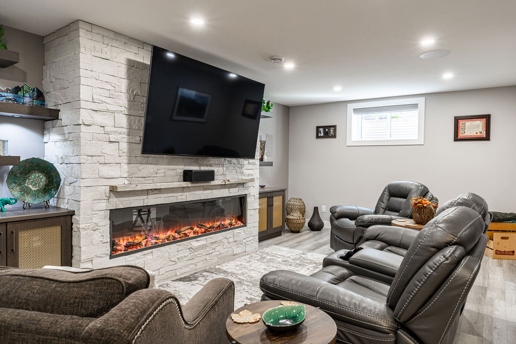 Cozy Basement Entertainment Room Bar Fireplace